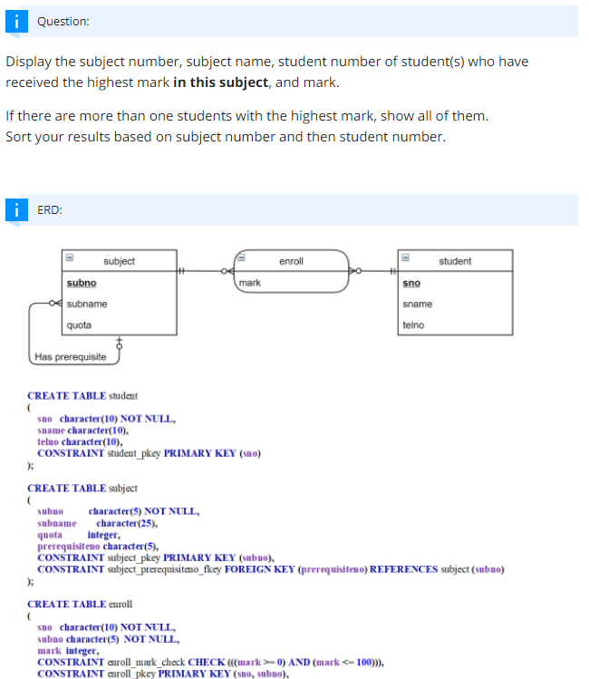 Solved i Question: Display the subject number, subject name, | Chegg.com