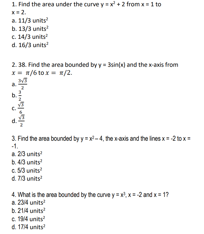 Solved 1. Find the area under the curve y = x2 + 2 from x = | Chegg.com
