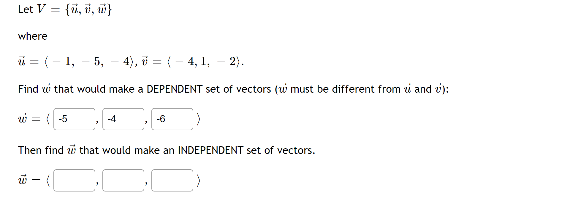 Solved Let V = {ū, v, w} = where ū ů = (-1, - 5, – 4), v = ( | Chegg.com