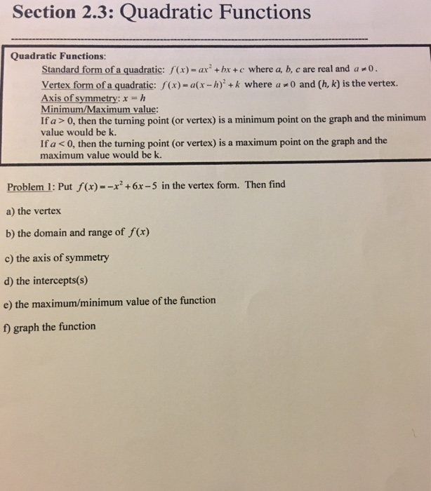 Solved Section 2.3: Quadratic Functions Quadratic Functions: | Chegg.com