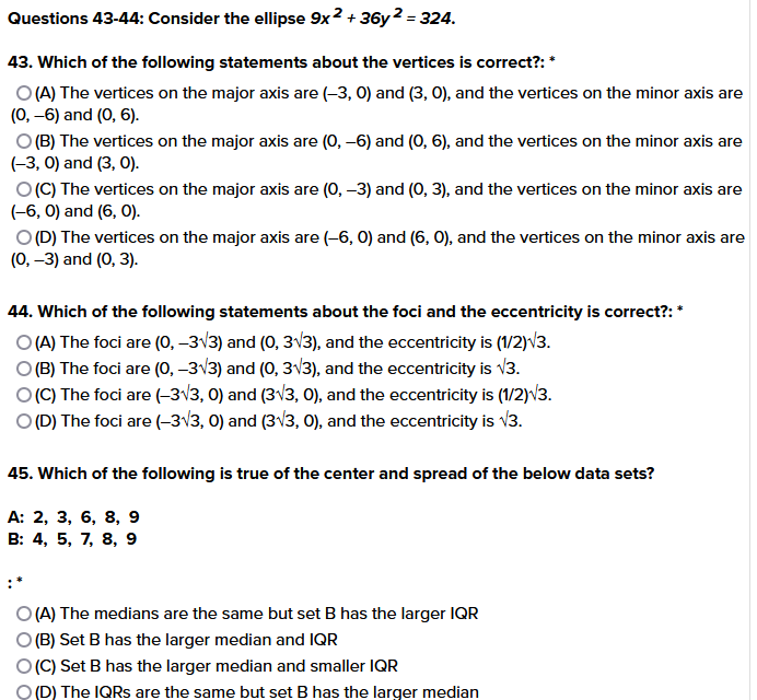 Solved Questions 43-44: Consider the ellipse 9x2+36y2=324 | Chegg.com