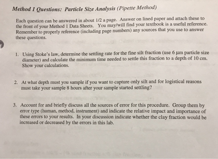 Solved Method 1 Questions: Particle Size Analysis (Pipette | Chegg.com
