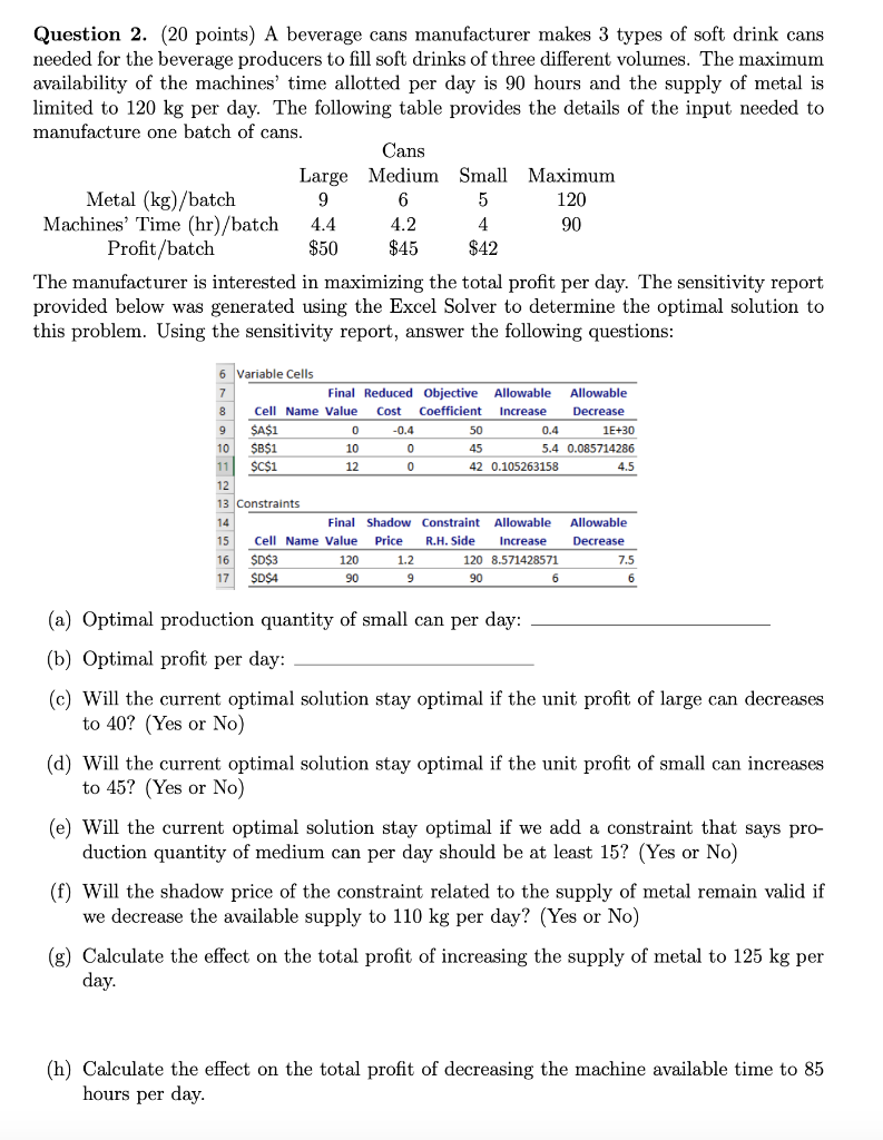 Solved Question 2. (20 points) A beverage cans manufacturer | Chegg.com