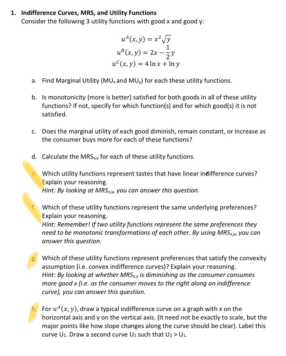 1. Indifference Curves, MRS, and Utility Functions | Chegg.com
