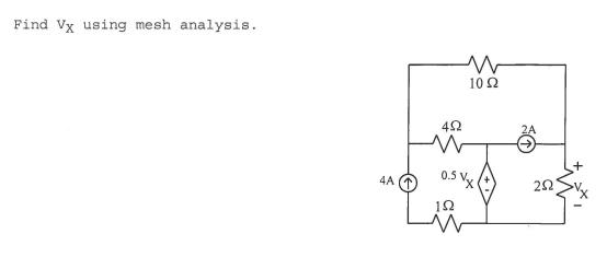 Solved Find Vx using mesh analysis. M 102 2A 4Ω M 4A 0.5 VX | Chegg.com