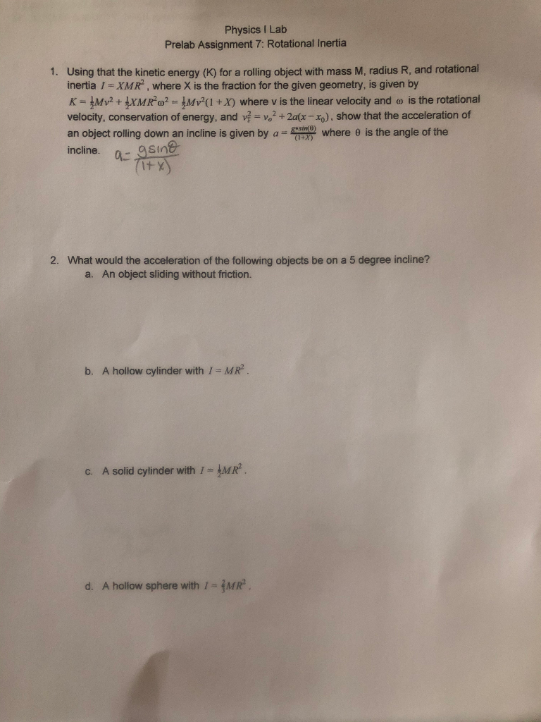 Solved Physics I Lab Prelab Assignment 7: Rotational Inertia | Chegg.com