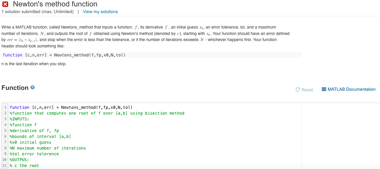 Solved write a matlab function called newton's method that | Chegg.com
