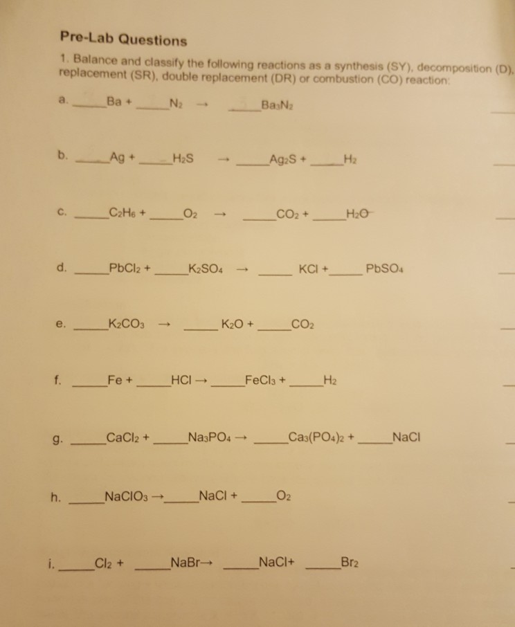 Solved Pre-Lab Questions 1. Balance and classify the | Chegg.com