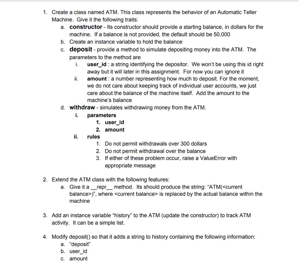 Solved 1. Create a class named ATM. This class represents | Chegg.com