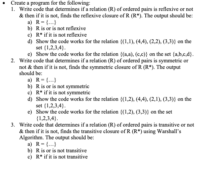 Solved Create a program for the following: 1. Write code | Chegg.com