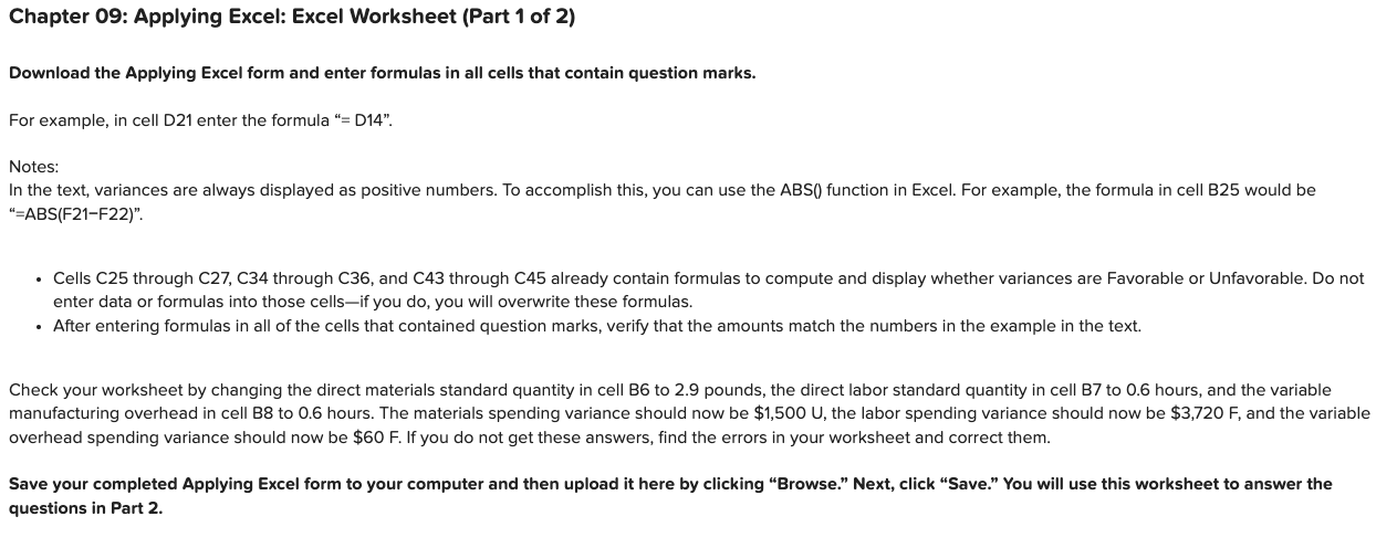 Solved Chapter 09: Applying Excel: Excel Worksheet (Part 1 | Chegg.com