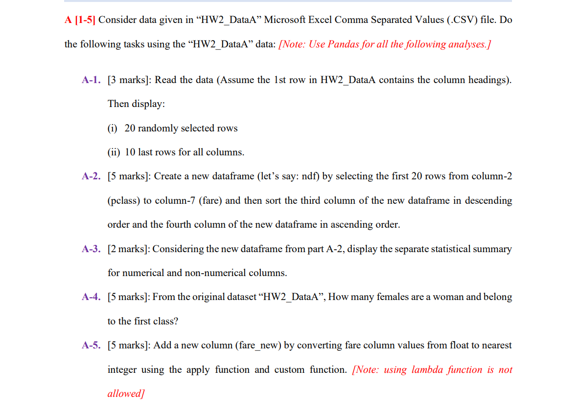 A [1-5] Consider data given in "HW2_DataA" Microsoft | Chegg.com