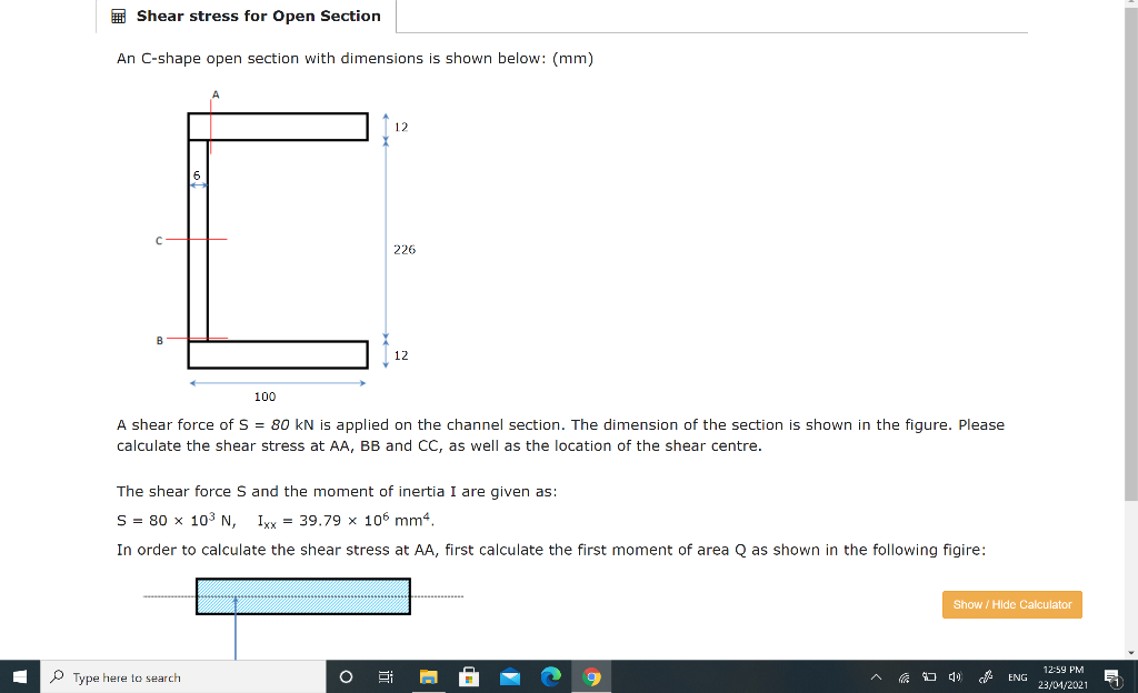 Solved Shear stress for Open Section An C-shape open section | Chegg.com