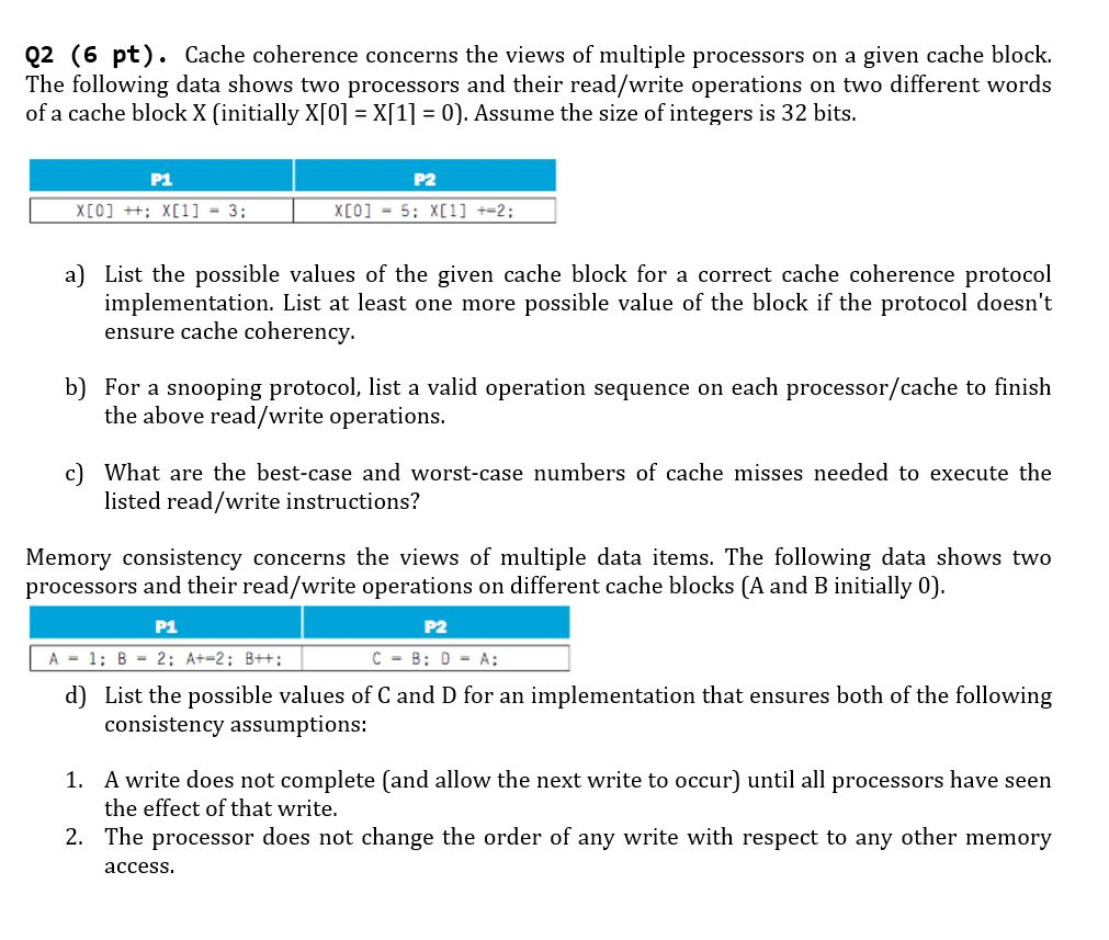 2 (6 pt). Cache coherence concerns the views of | Chegg.com