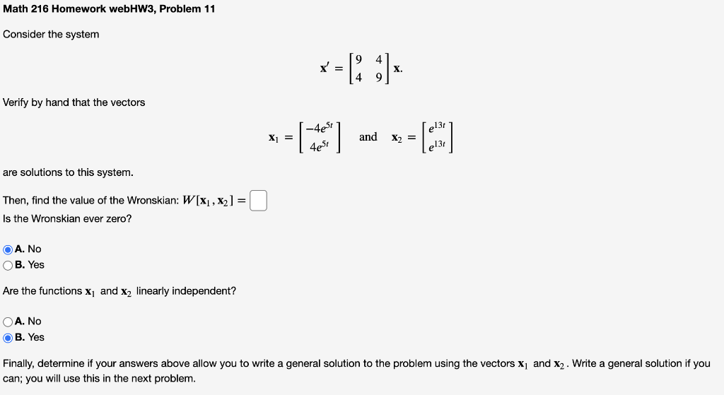 Solved Math 216 Homework webHW3, Problem 11 Consider the | Chegg.com