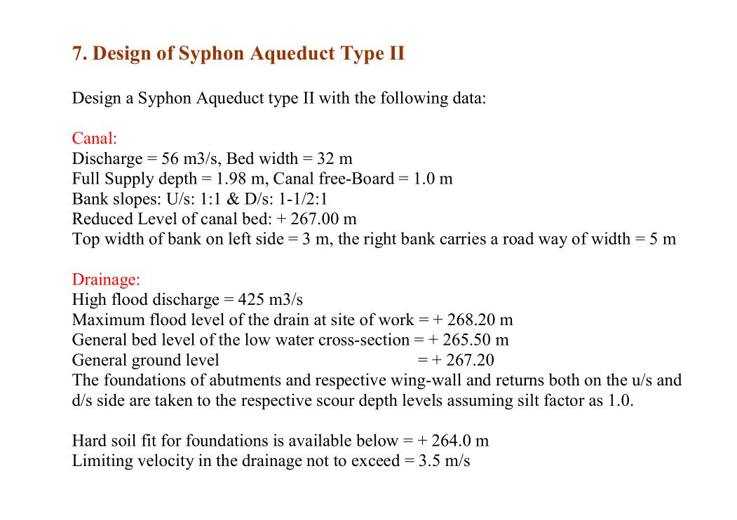 Solved 7. Design of Syphon Aqueduct Type II Design a Syphon | Chegg.com