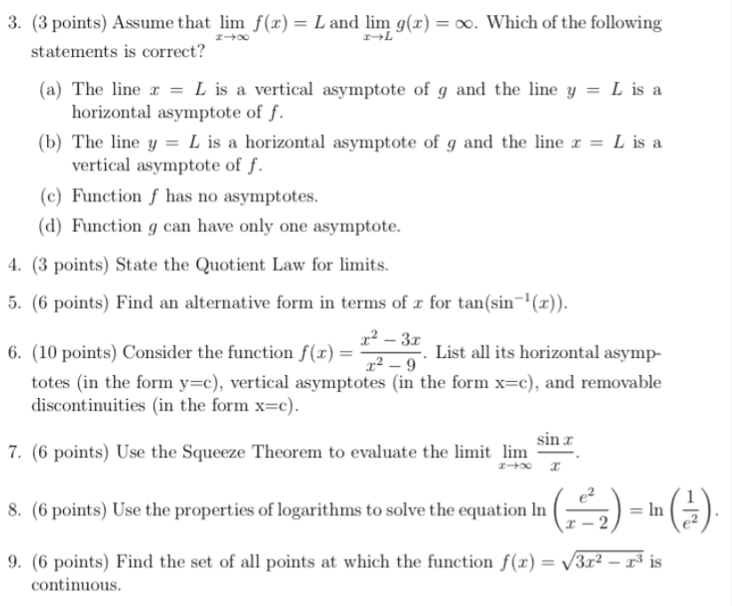 Solved 3. (3 points) Assume that lim f(x) = L and lim g(x) = | Chegg.com