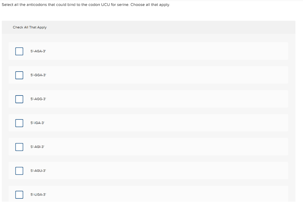 Solved Select All The Anticodons That Could Bind To The