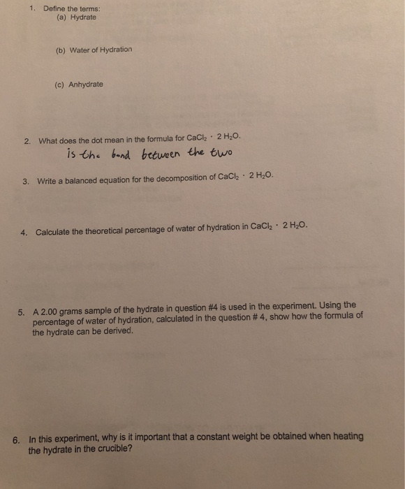 Solved 1. Define the terms: (a) Hydrate (b) Water of | Chegg.com