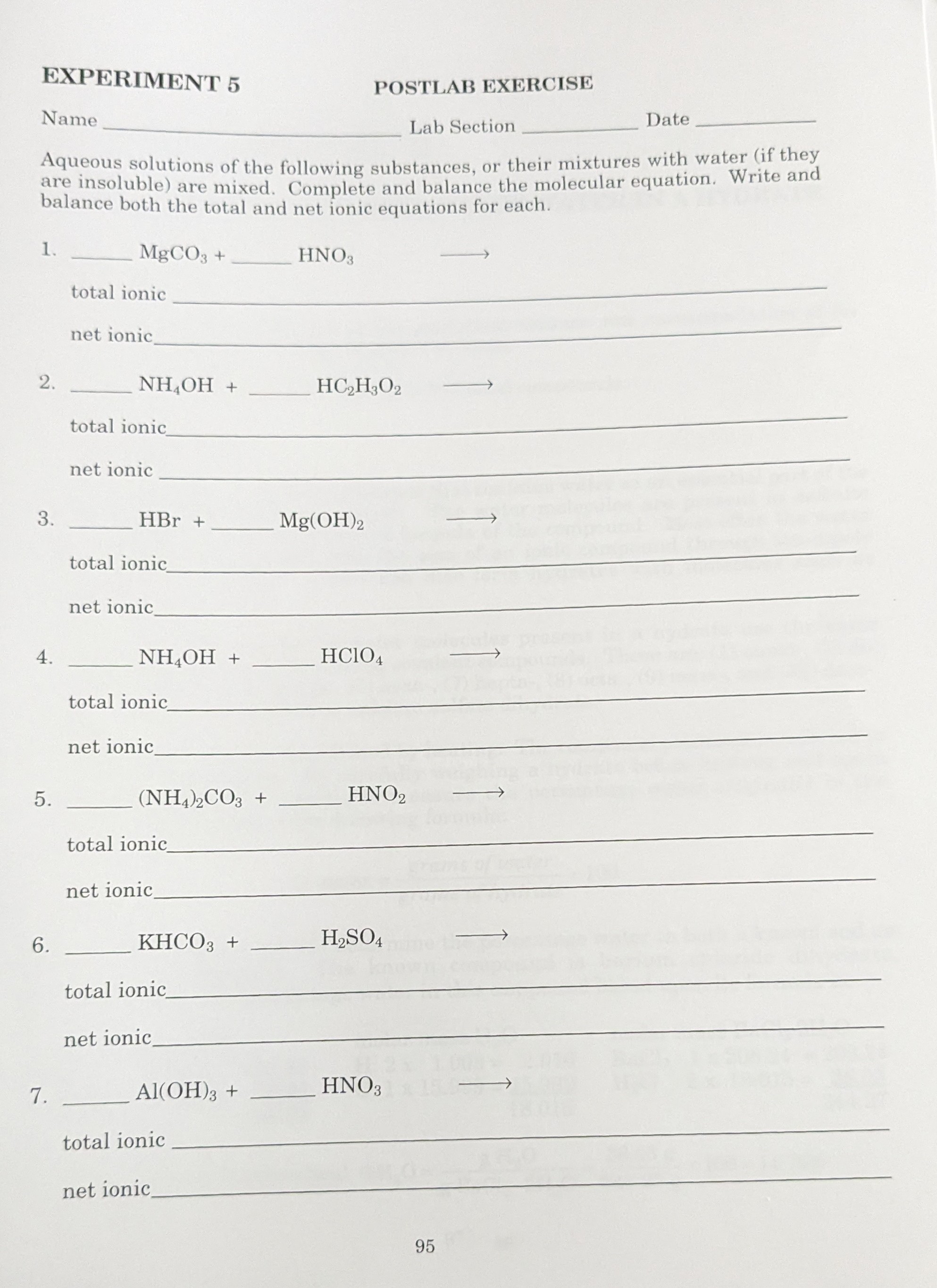 Solved EXPERIMENT 5 POSTLAB EXERCISE Name Lab Section Date | Chegg.com