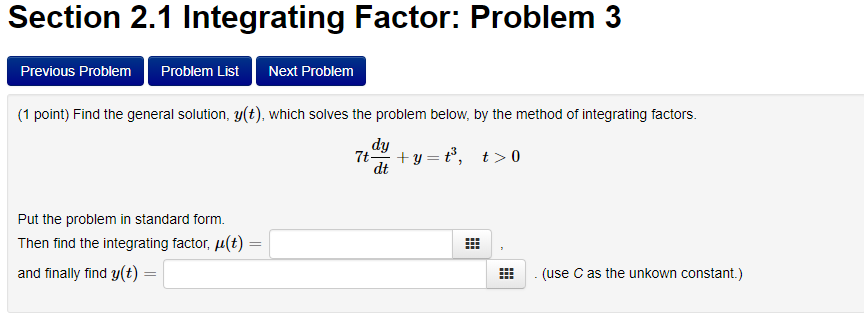 Solved Section 2.1 Integrating Factor: Problem 3 Previous | Chegg.com