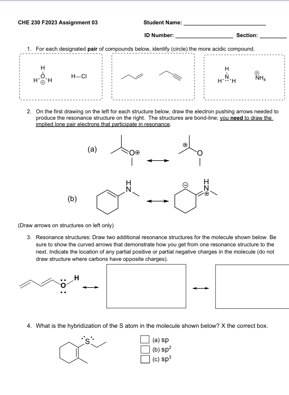 Solved CHE 230 F2023 Assignment 03 Student Name: ID Number: | Chegg.com