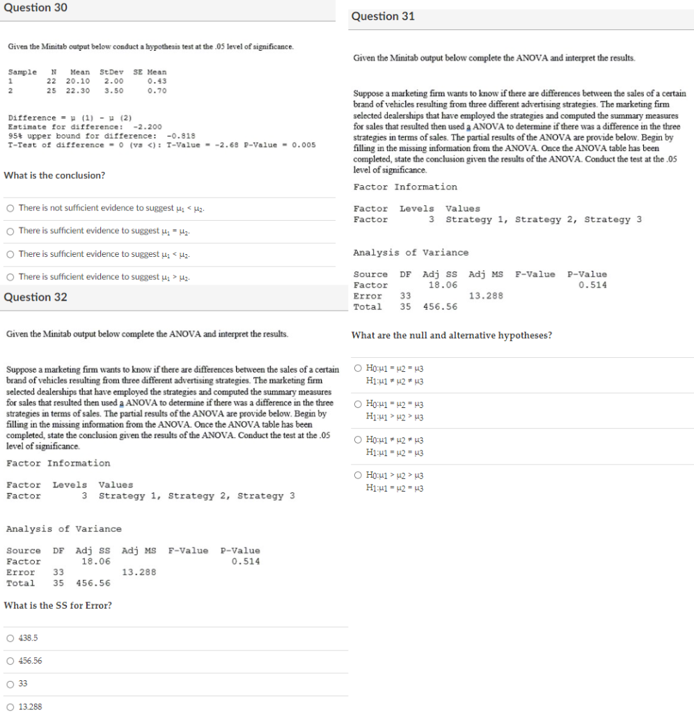 Solved Question 30 Question 31 Given the Minitab output | Chegg.com