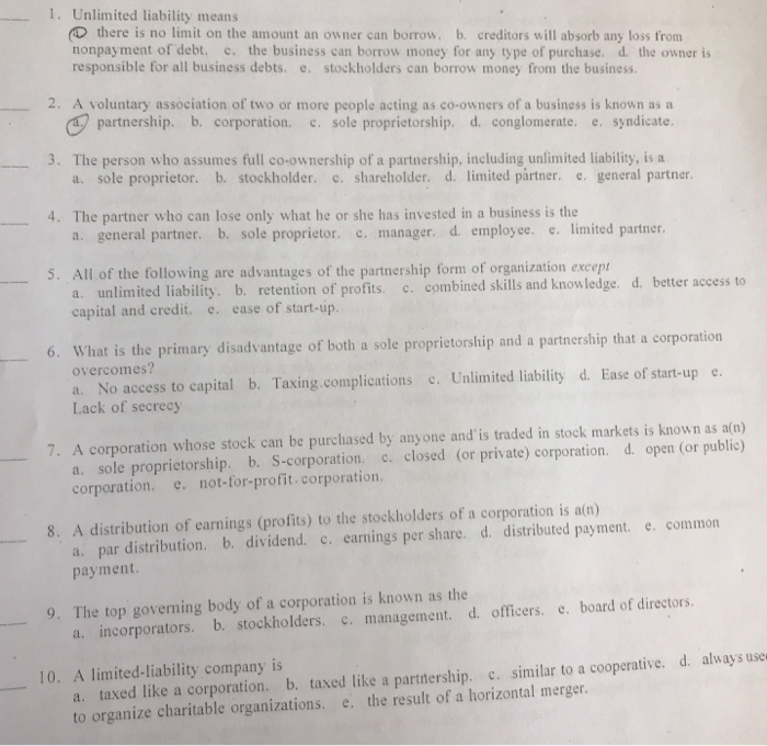 Solved 1. Unlimited liability means there is no limit on the | Chegg.com