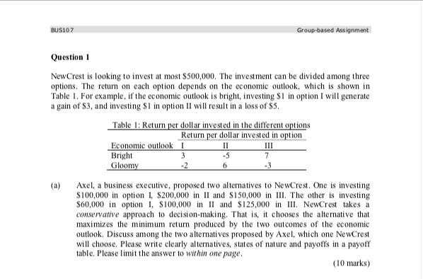 Solved BUS107 Group-based Assignment 3 Question 1 New Crest | Chegg.com