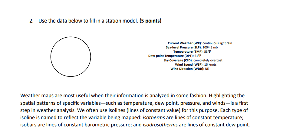 Solved 2. Use the data below to fill in a station model. (5 | Chegg.com