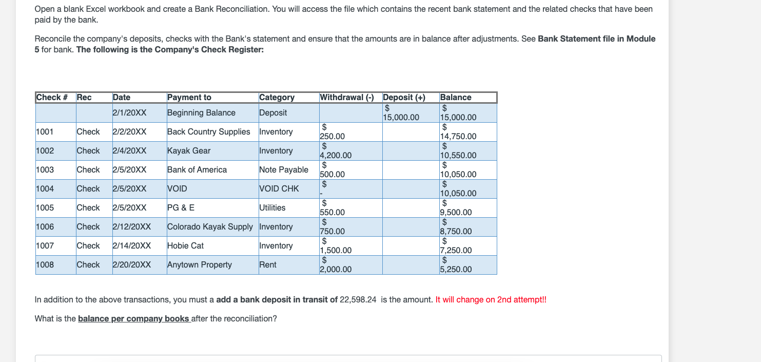 Open a blank Excel workbook and create a Bank | Chegg.com Open a blank Excel workbook and create a Bank | Chegg.com