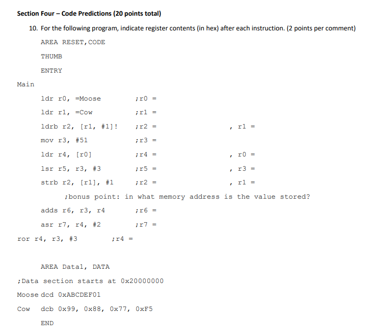 Solved 10. For the following program, indicate register | Chegg.com