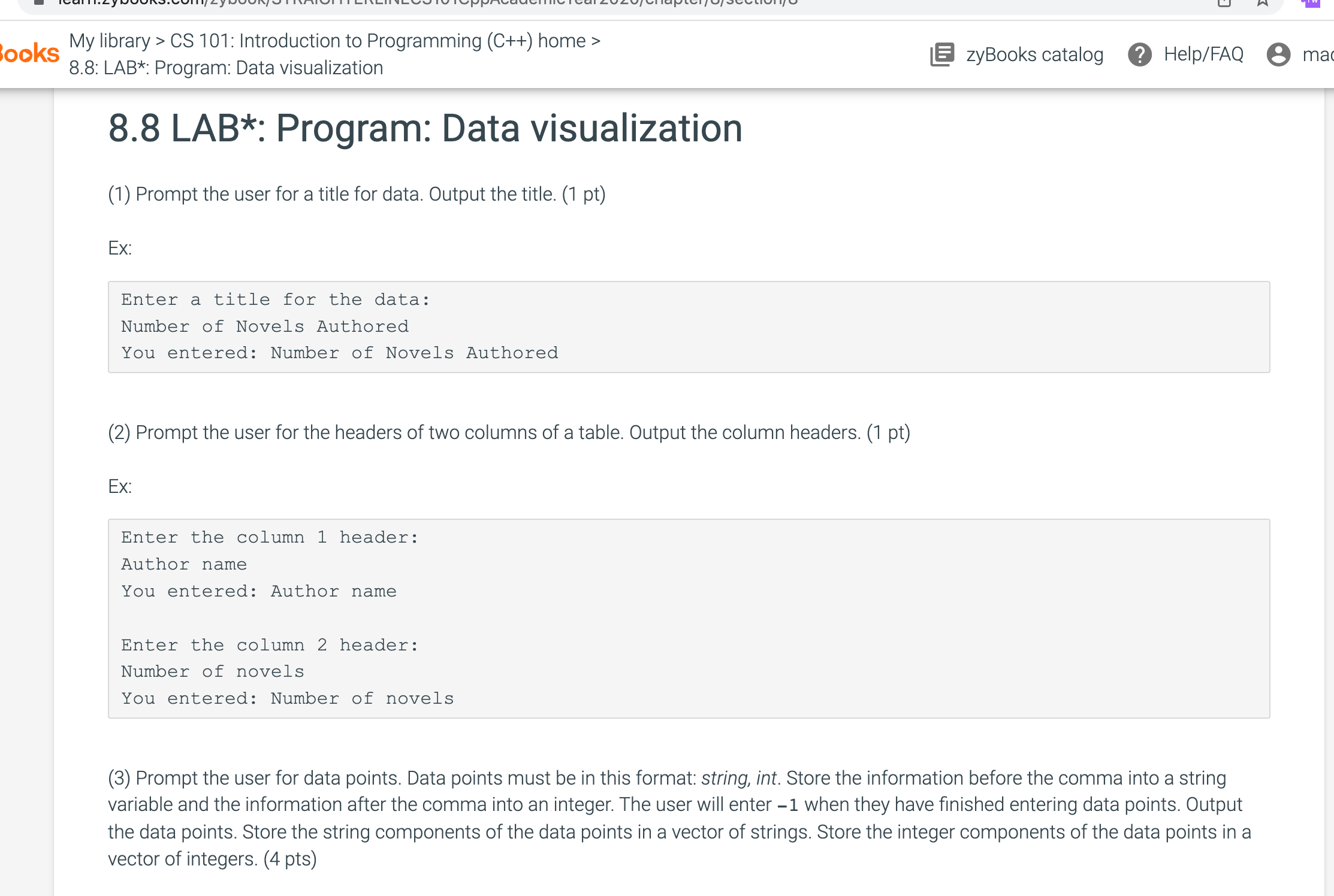 Solved (3) Prompt the user for data points. Data points must | Chegg.com