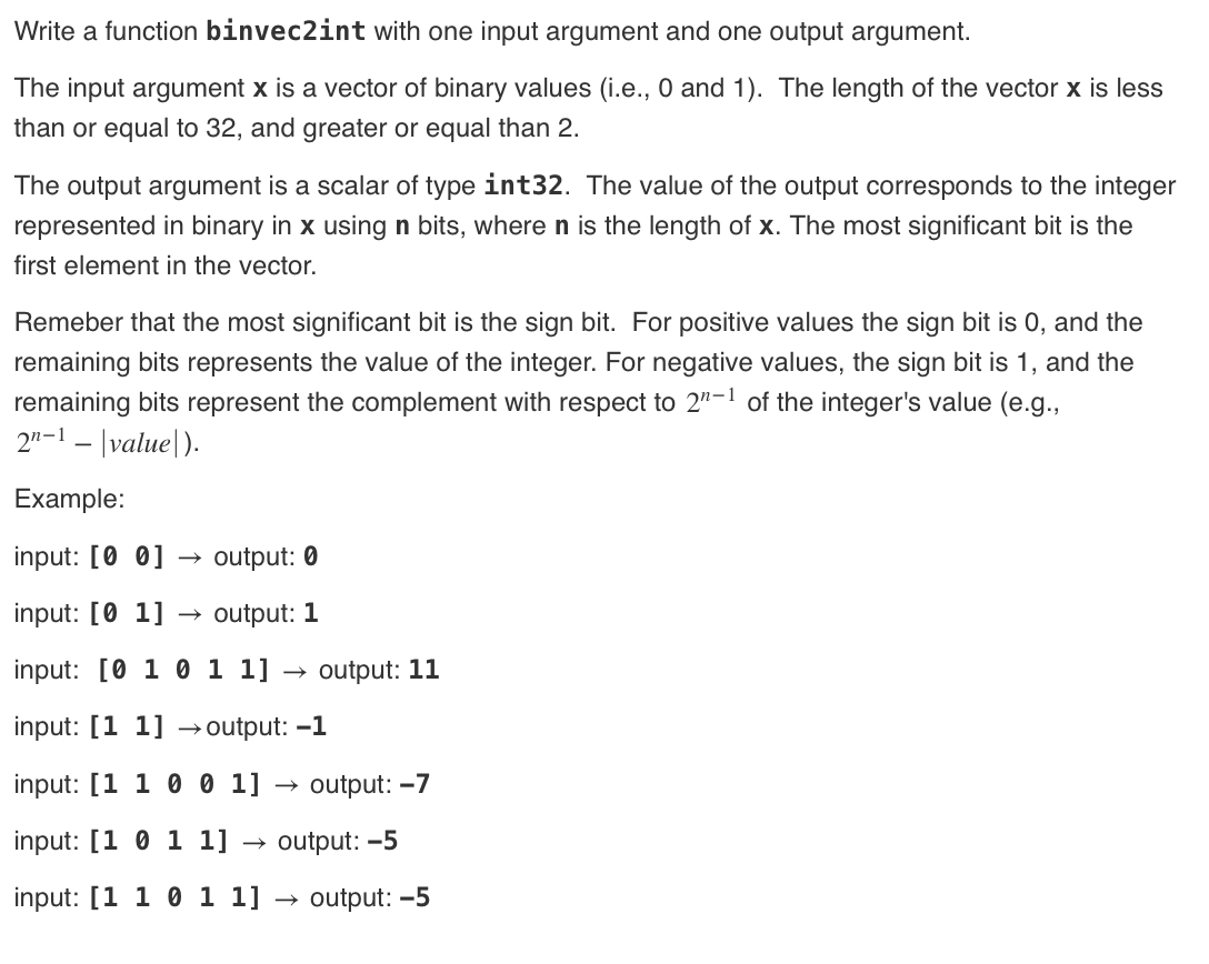 Solved Write a function binvec2int with one input argument | Chegg.com