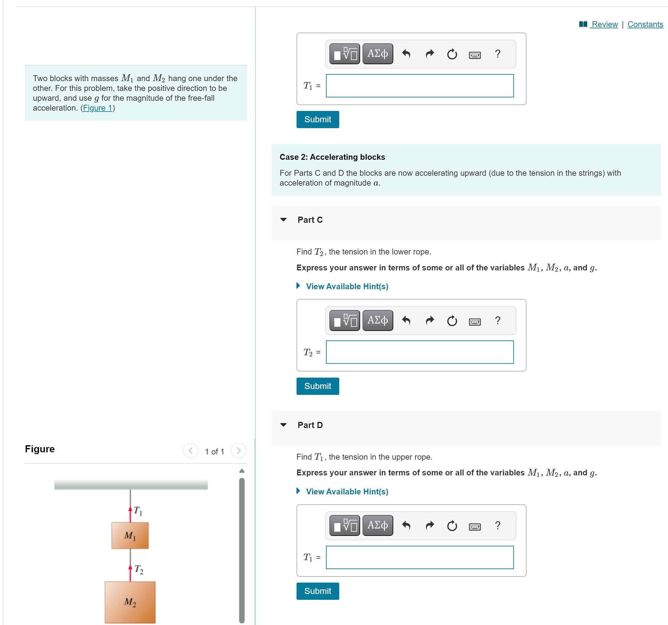 Solved Two blocks with masses M1 and M2 hang one under the | Chegg.com