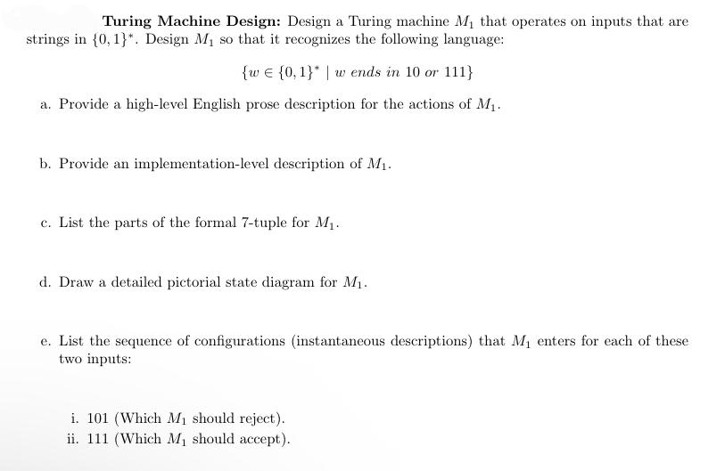 Solved Turing Machine Design: Design a Turing machine M1 | Chegg.com