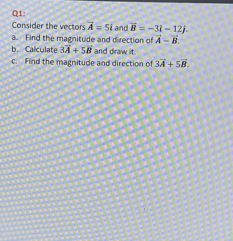 Solved Q1: Consider the vectors A=5 ^ and B=−3 ^−12 ^. a. | Chegg.com