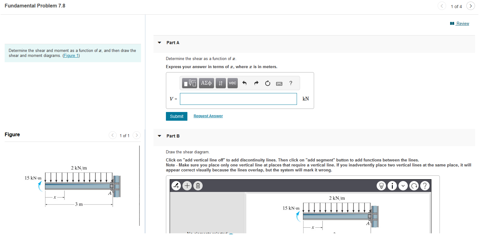 Solved Determine the shear and moment as a function of x, | Chegg.com