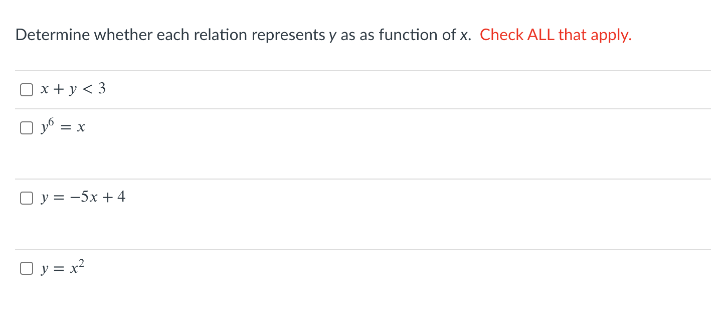 Solved Determine whether each relation represents y as as | Chegg.com