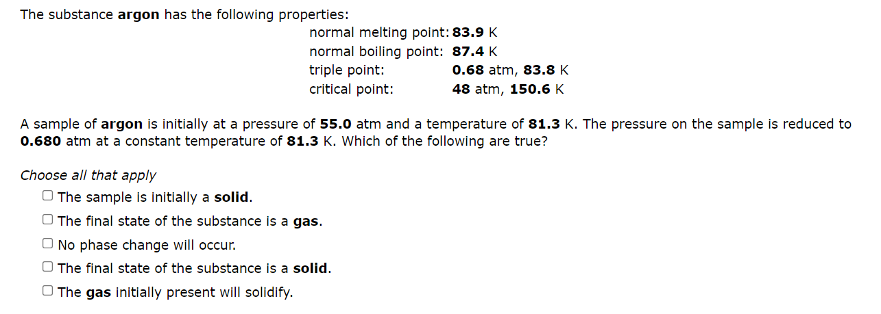 Solved The substance argon has the following properties: | Chegg.com