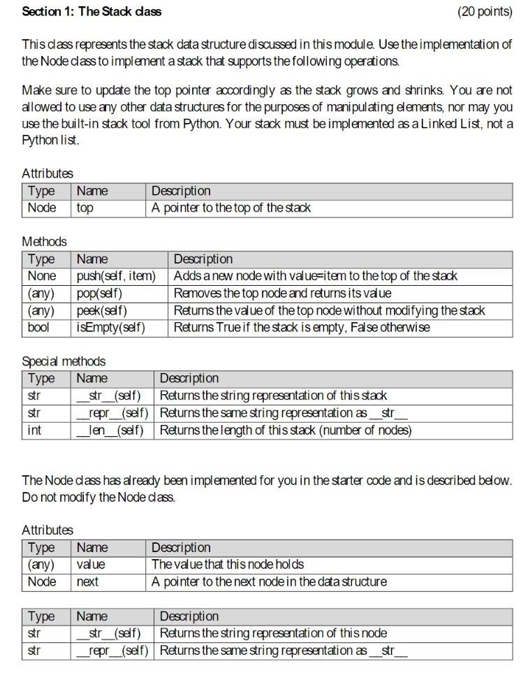 Section 1: The Stack class (20 points) This class | Chegg.com