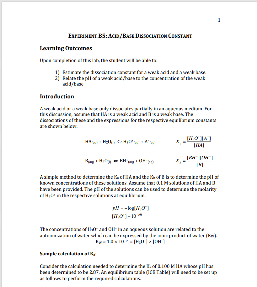 Solved 1 EXPERIMENT B5: ACID/BASE DISSOCIATION CONSTANT | Chegg.com