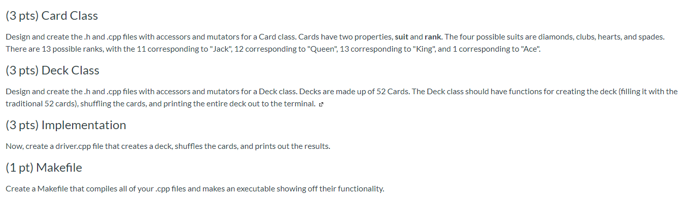 Solved (3 pts) Card Class Design and create the.h and .cpp | Chegg.com