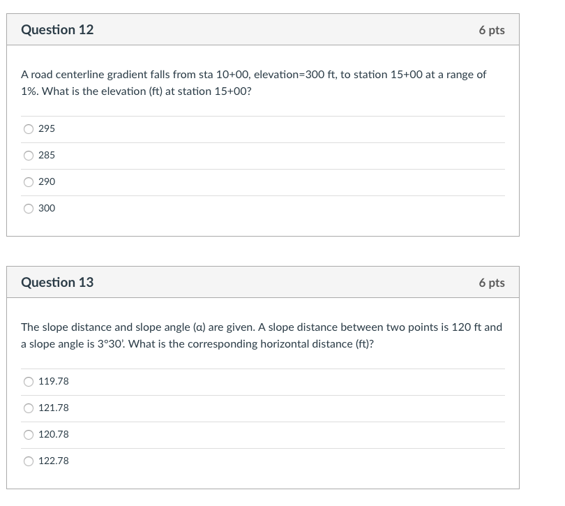 Solved Question 12 6 pts A road centerline gradient falls | Chegg.com