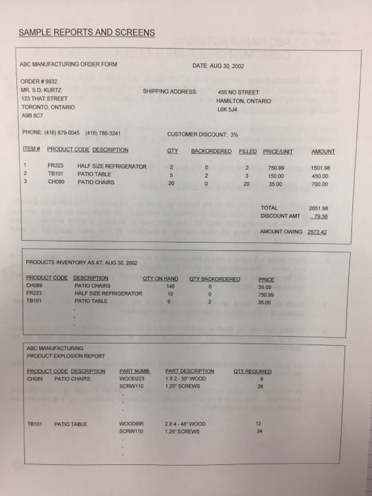 SAMPLE REPORTS AND SCREENS ABC MANUFACTURING ORDER | Chegg.com