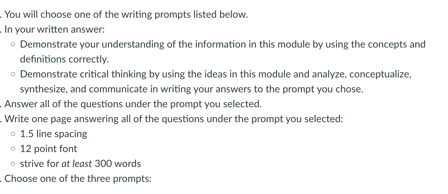 . You will choose one of the writing prompts listed | Chegg.com