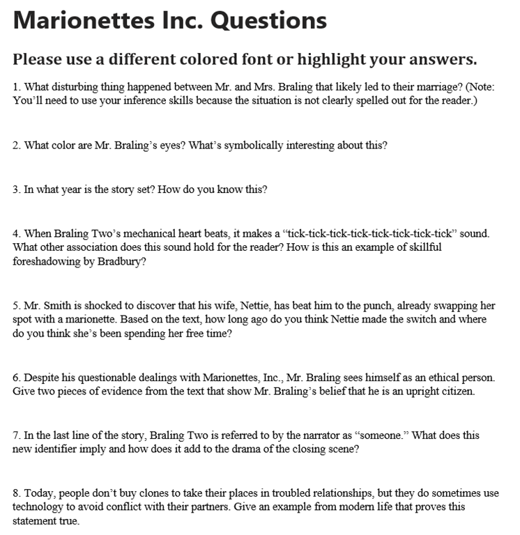 Ray Bradbury Marionettes, Inc. They walked slowly | Chegg.com