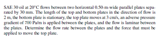 Solved SAE 30 oil at 20°C flows between two horizontal | Chegg.com