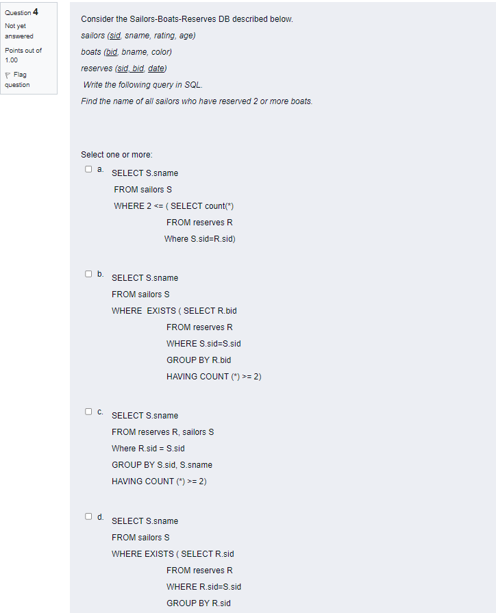 Solved Question 2 Consider the Sailors-Boats-Reserves DB | Chegg.com