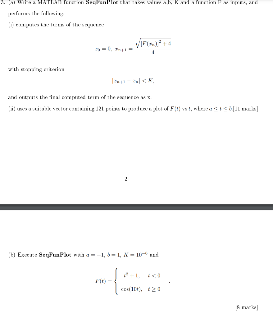 Solved 3. (a) Write a MATLAB function SeqFunPlot that takes | Chegg.com